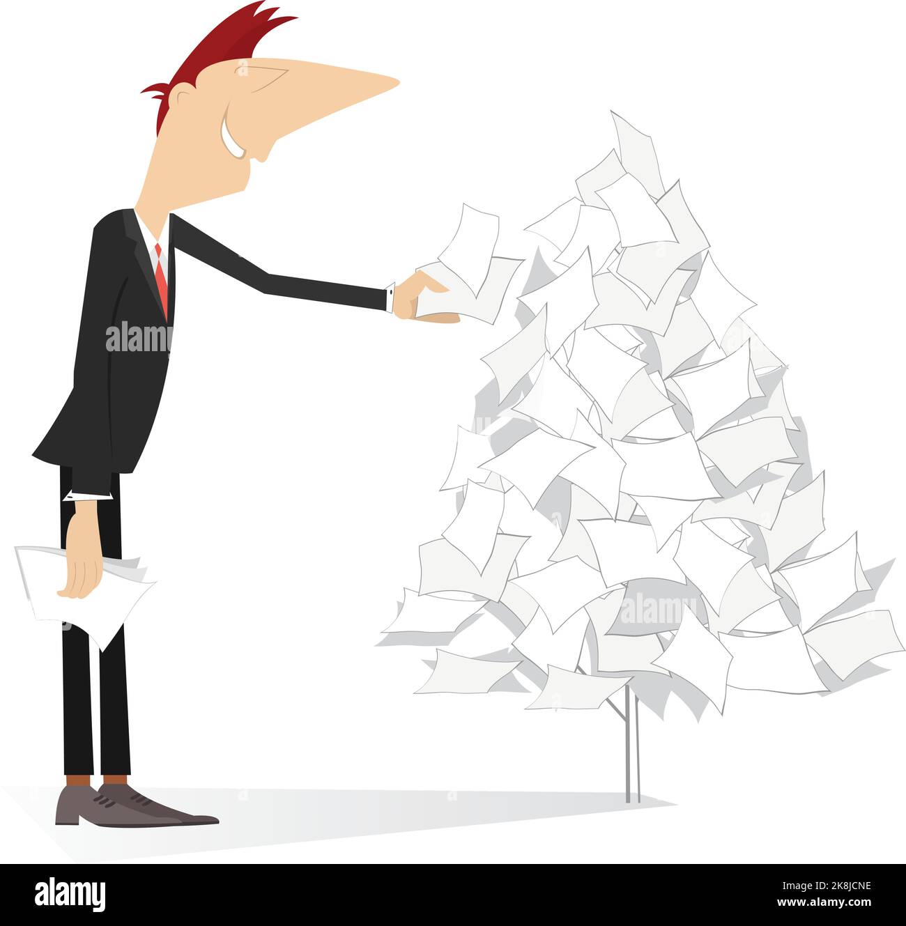 Man makes a paper tree. Smiling man makes a paper tree using documents ...