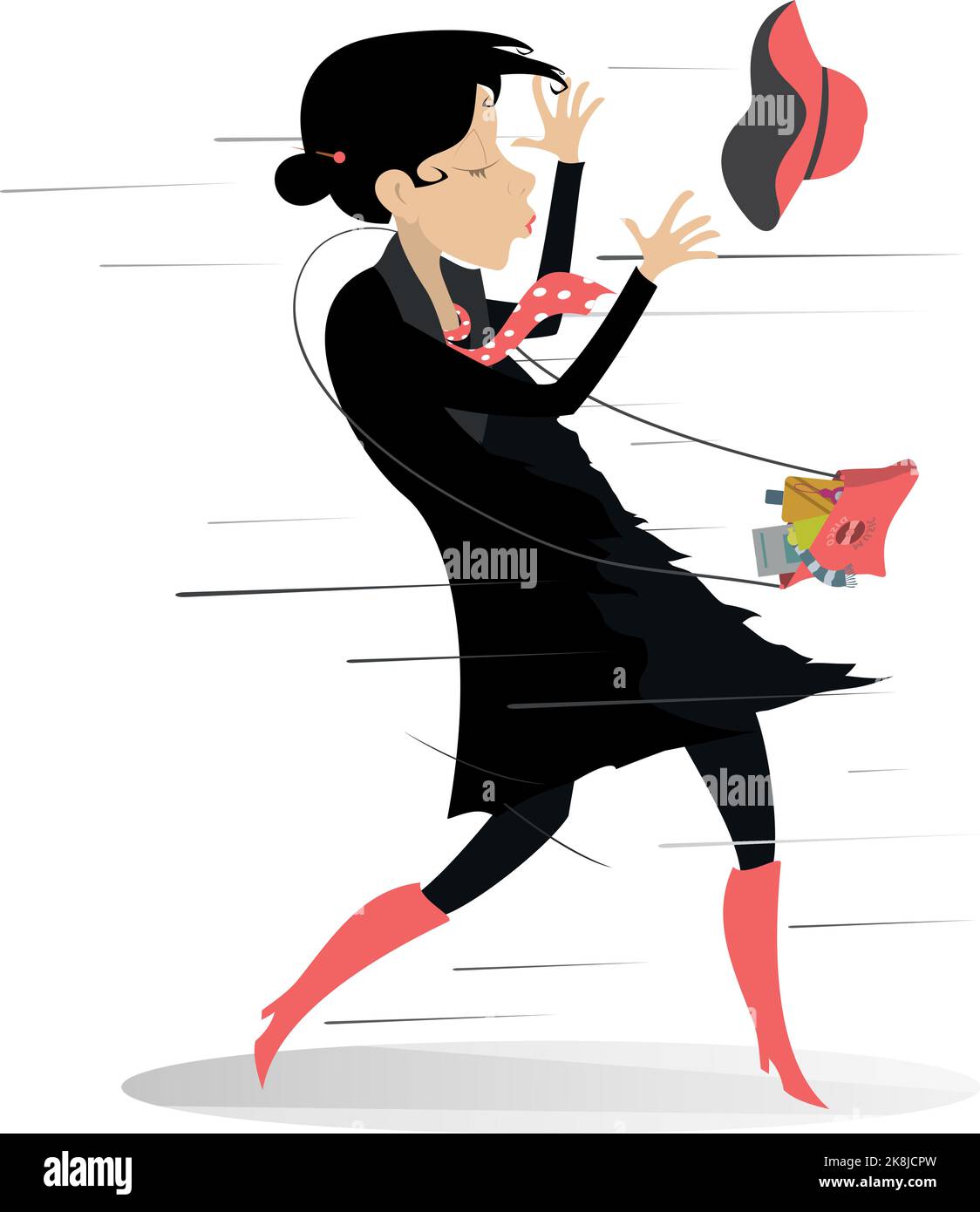 Stylish young woman and a strong wind illustration Attractive young ...