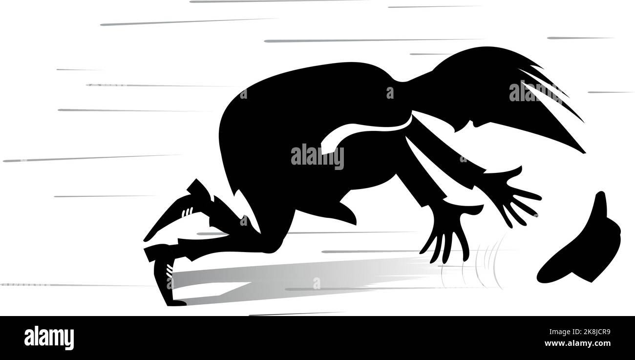 Windy day and man isolated illustration. Man tries to catch a hat gone ...