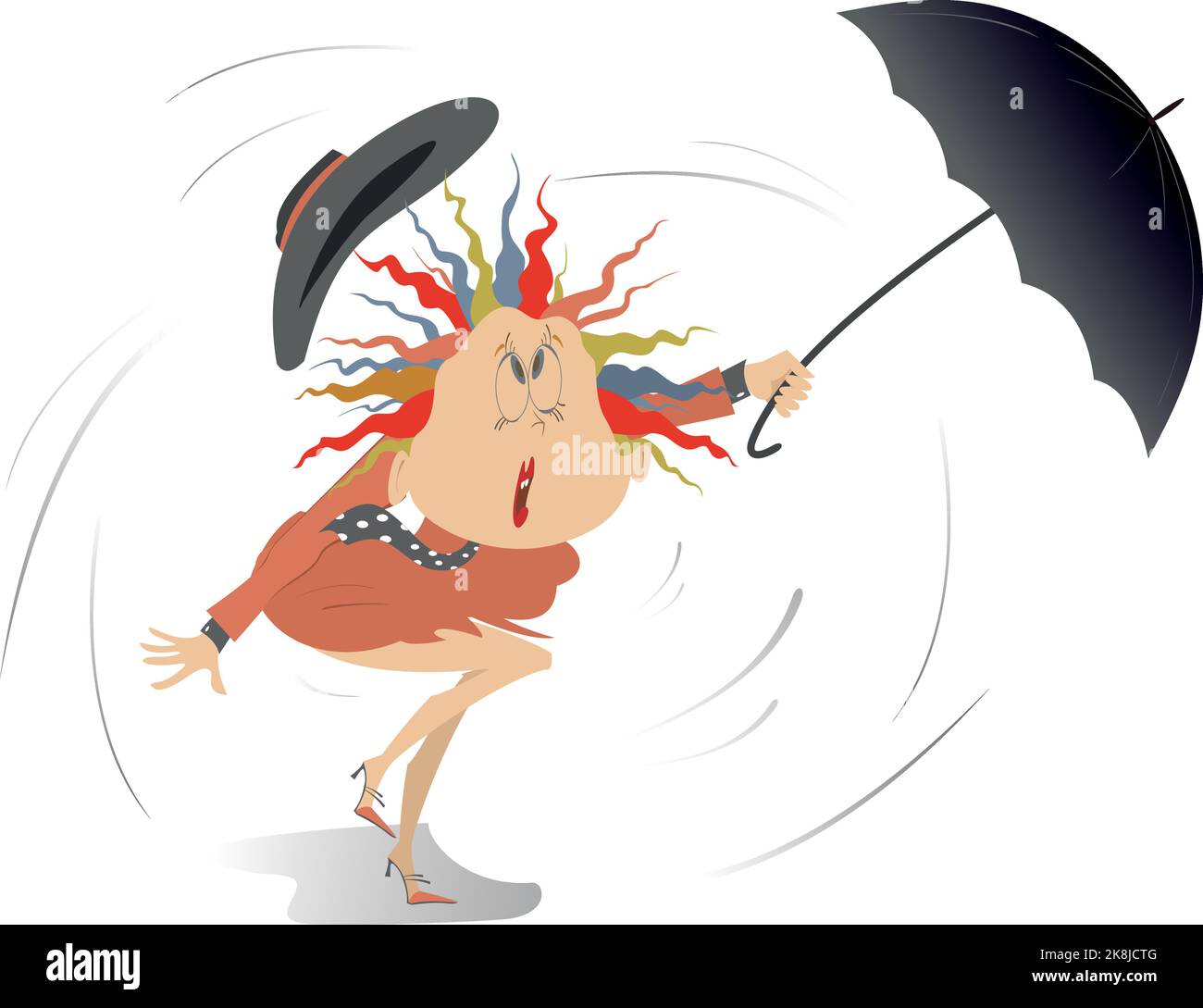 Strong wind, rain and woman with umbrella illustration. Cartoon woman ...