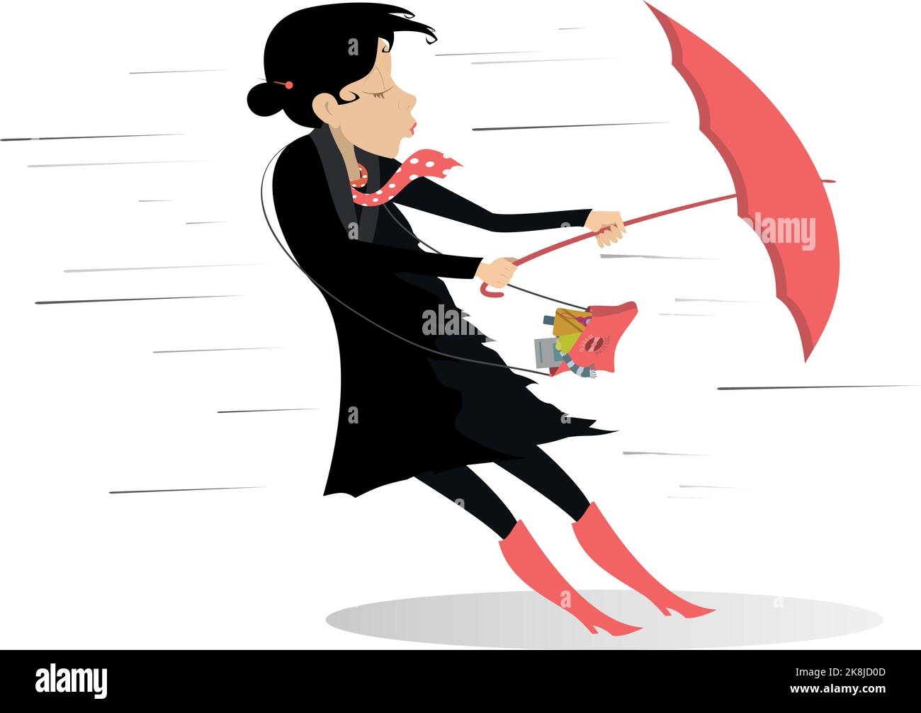 Windy day and young woman with umbrella illustration. Young woman with ...