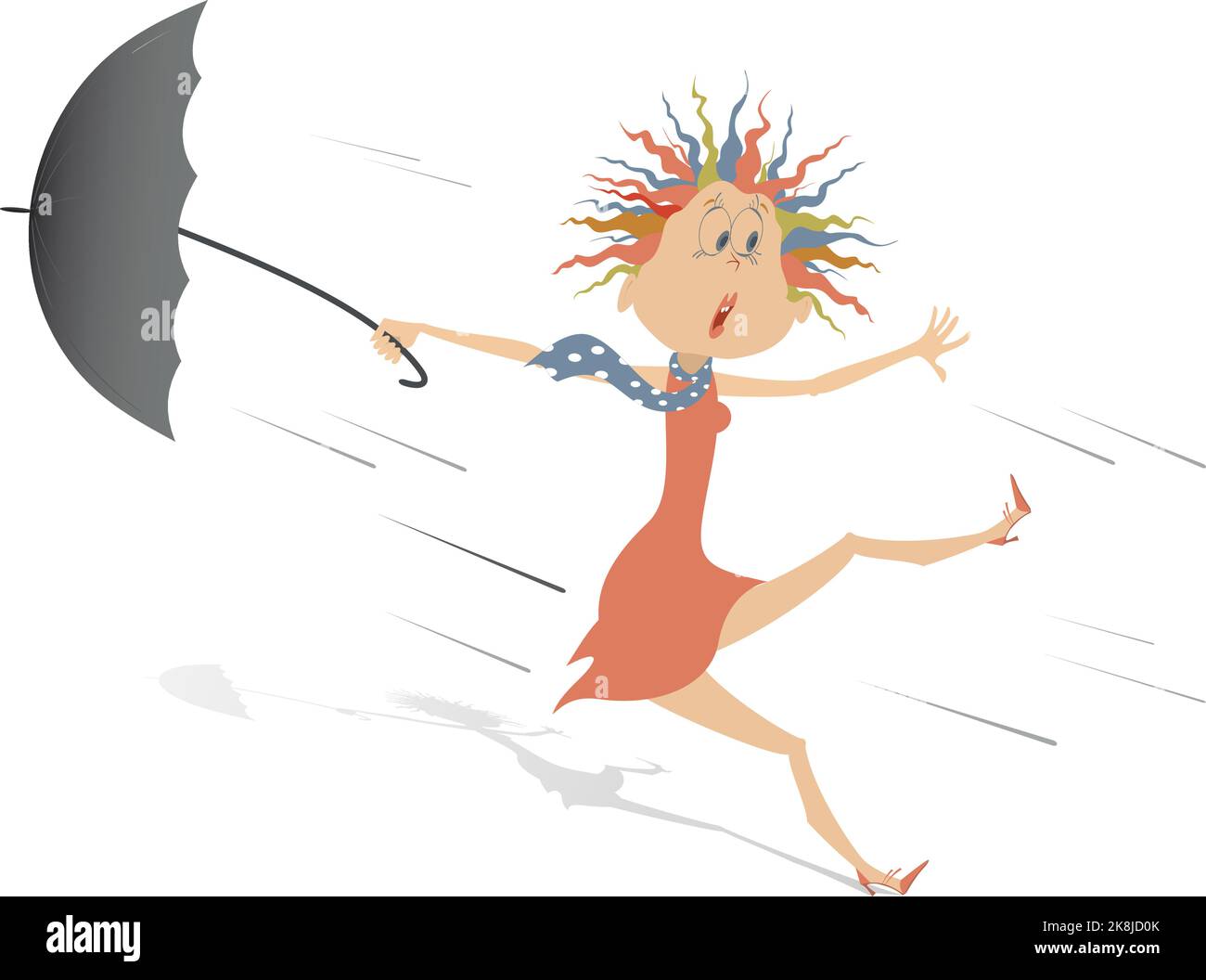 Windy day and young woman with umbrella illustration. Young woman with ...