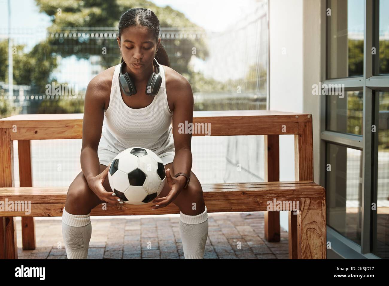 Woman, soccer player and thinking of match goals, game strategy and ...