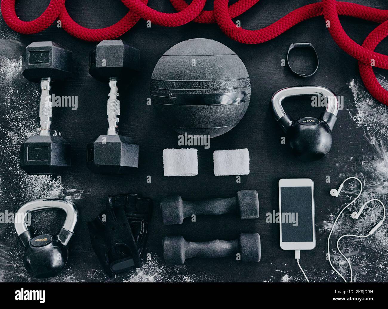 Are you ready for this. High angle shot of fitness workout essentials ...