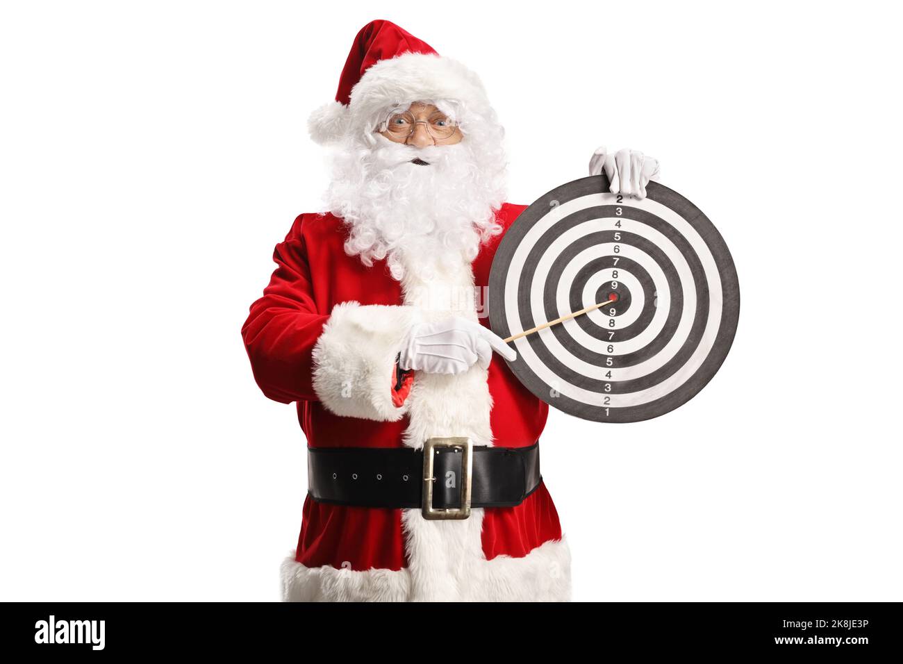 Santa claus holding a dart target board and pointing with a stick ...