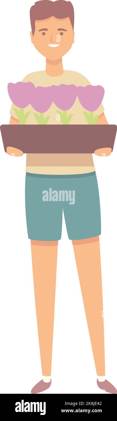 Boy give long flower pot icon cartoon vector. Garden kid. Nature plant ...