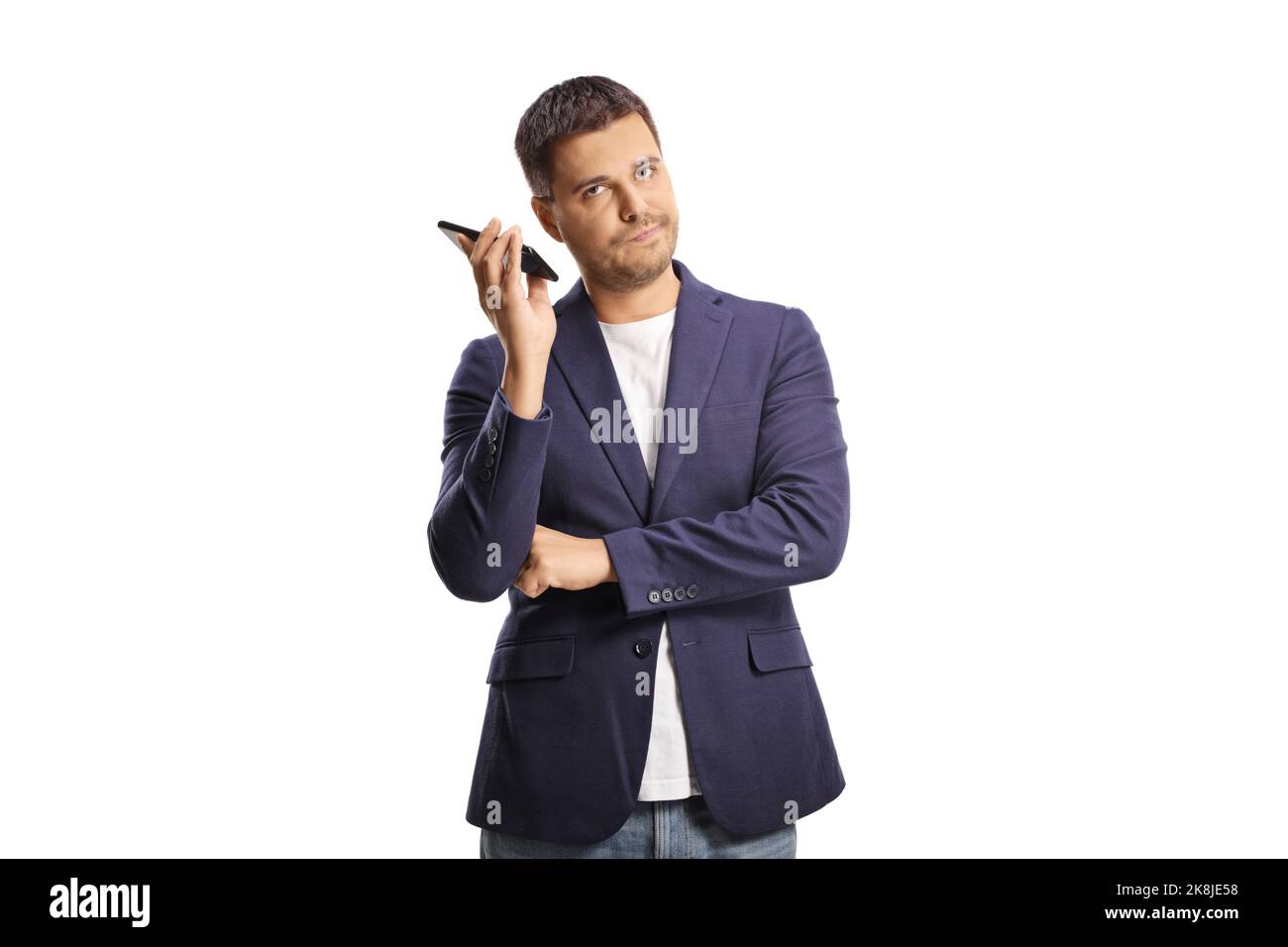 Bored man listening to phone conversation on speakerphone isolated on ...