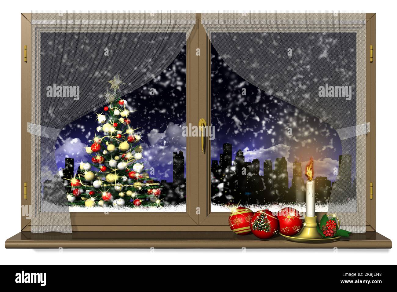 3D illustration.Window with Christmas decoration. Winter landscape at ...