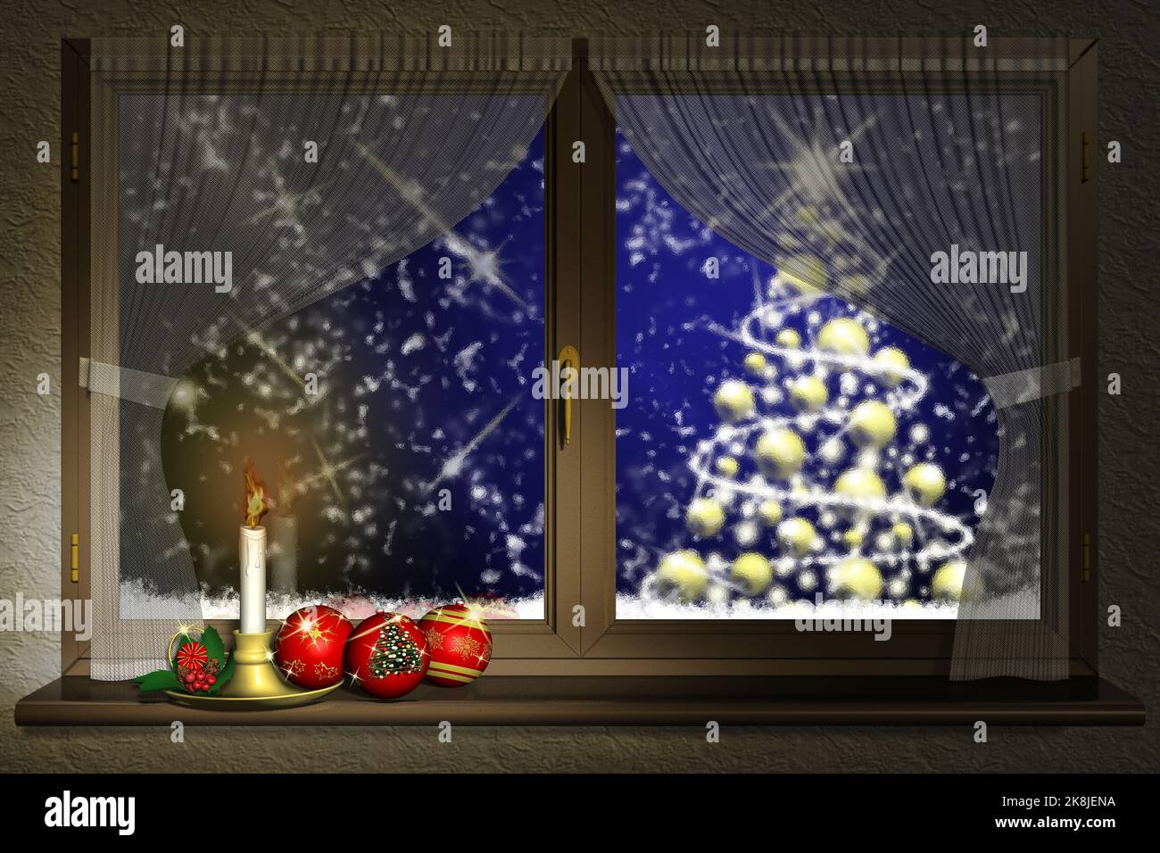 3D illustration. Window with Christmas decoration. Winter landscape at ...