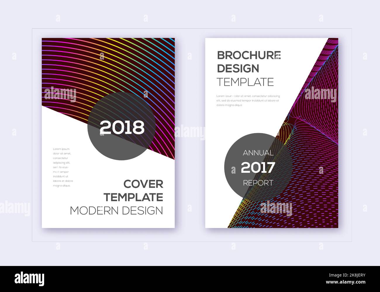 Modern cover design template set. Rainbow abstract lines on wine red ...