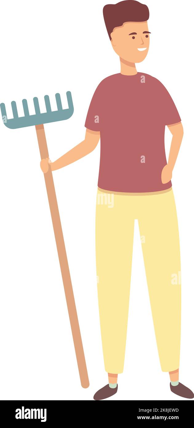 Boy use rake icon cartoon vector. Kid park. Tree agriculture Stock ...