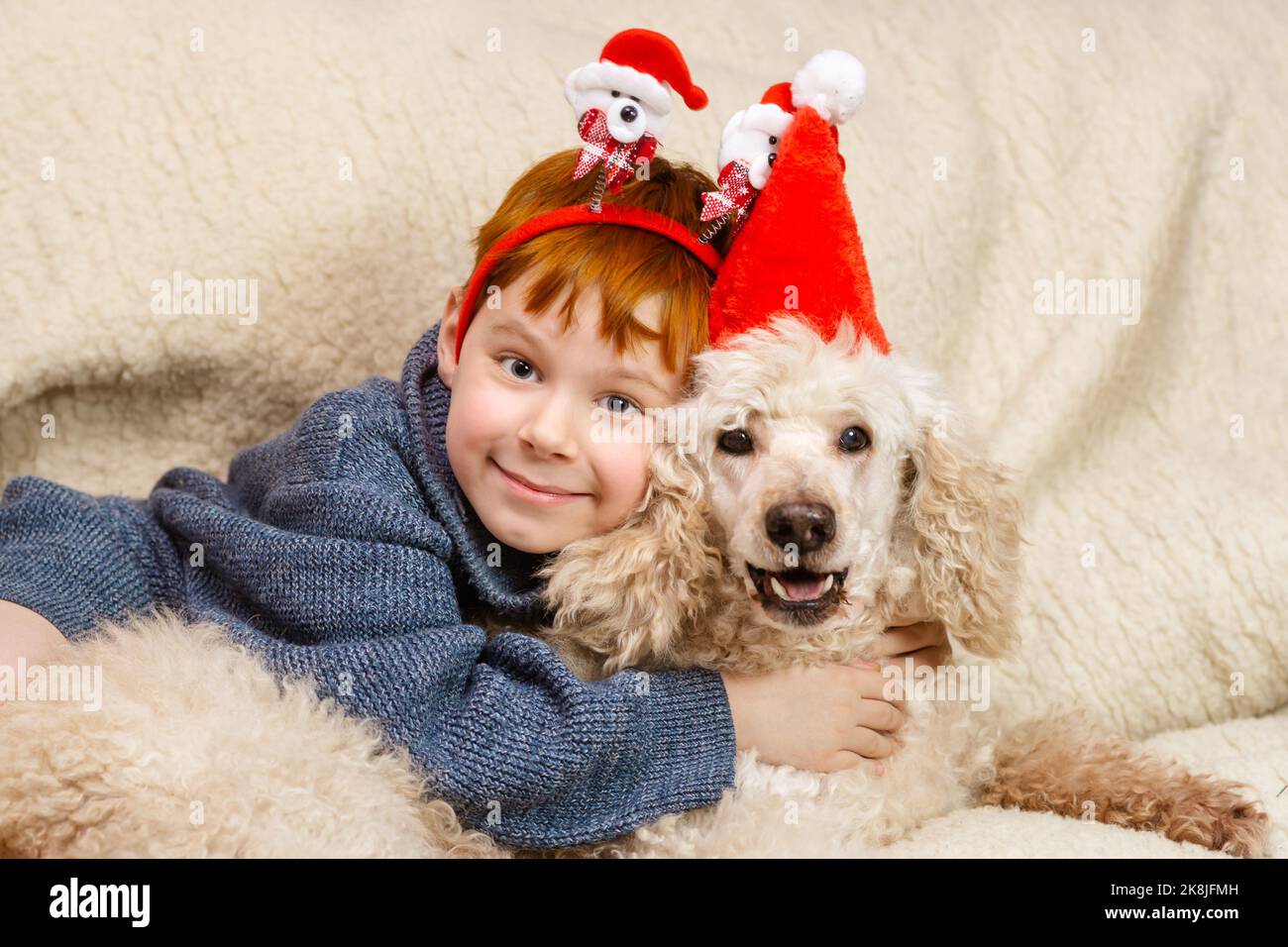 Boy and dog are having fun celebrating new year, christmas. Interaction ...
