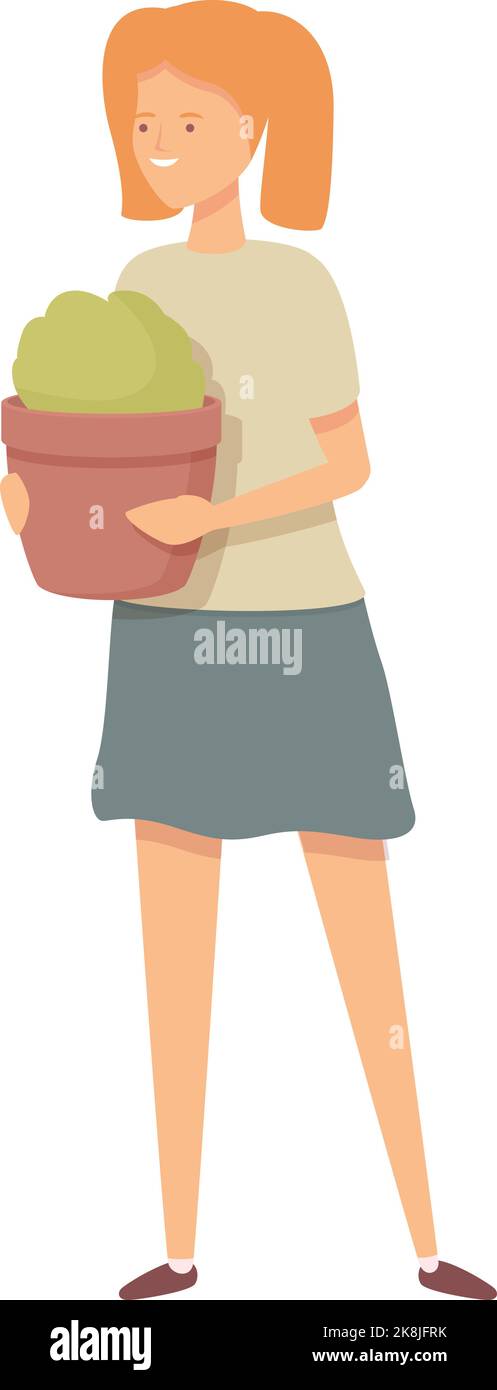 Girl take plant pot icon cartoon vector. Child park. Nature farm Stock ...