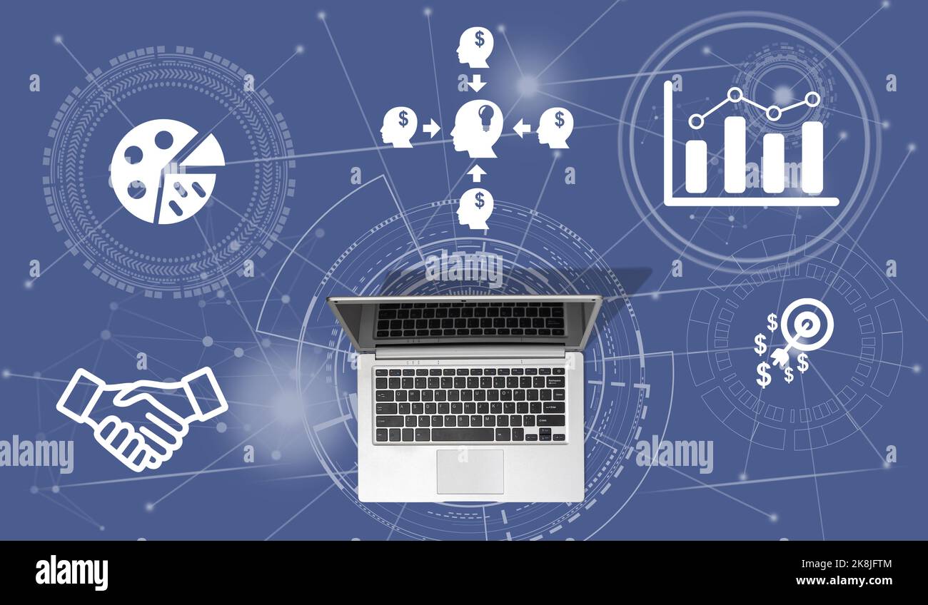 Top view of laptop with symbol of crowdfunding concept Stock Photo - Alamy