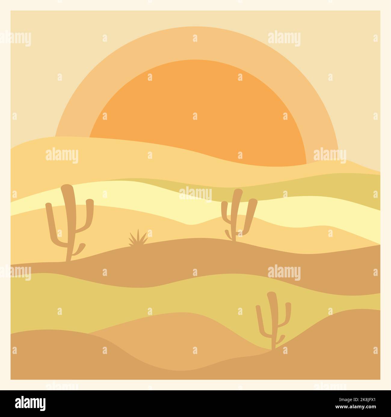 Aesthetic desert landscape with cactuses square illustration Stock ...