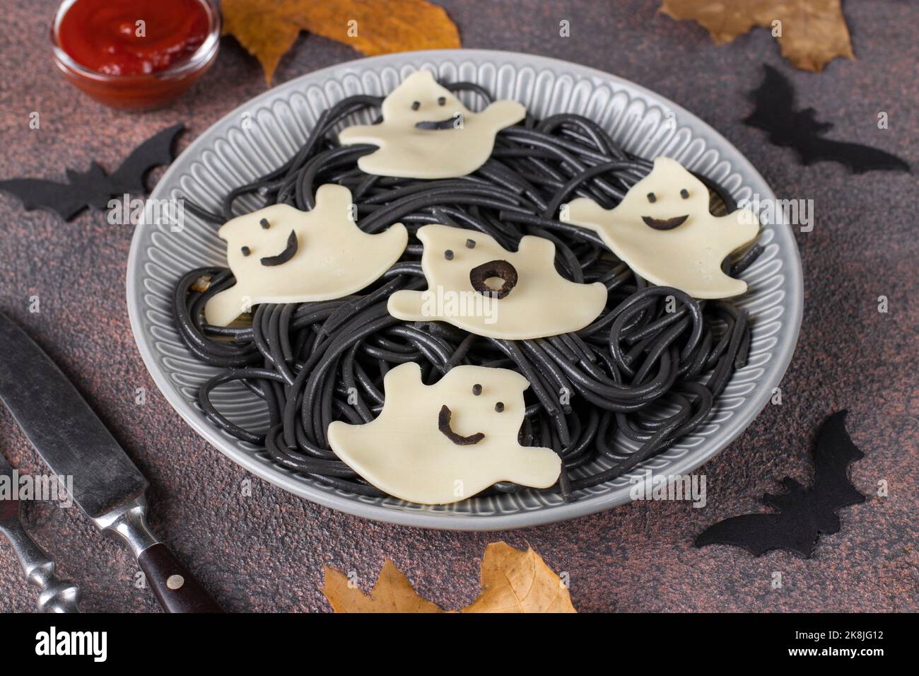Black Spaghetti and Cheese Ghosts, Edible Halloween Idea, Close up ...