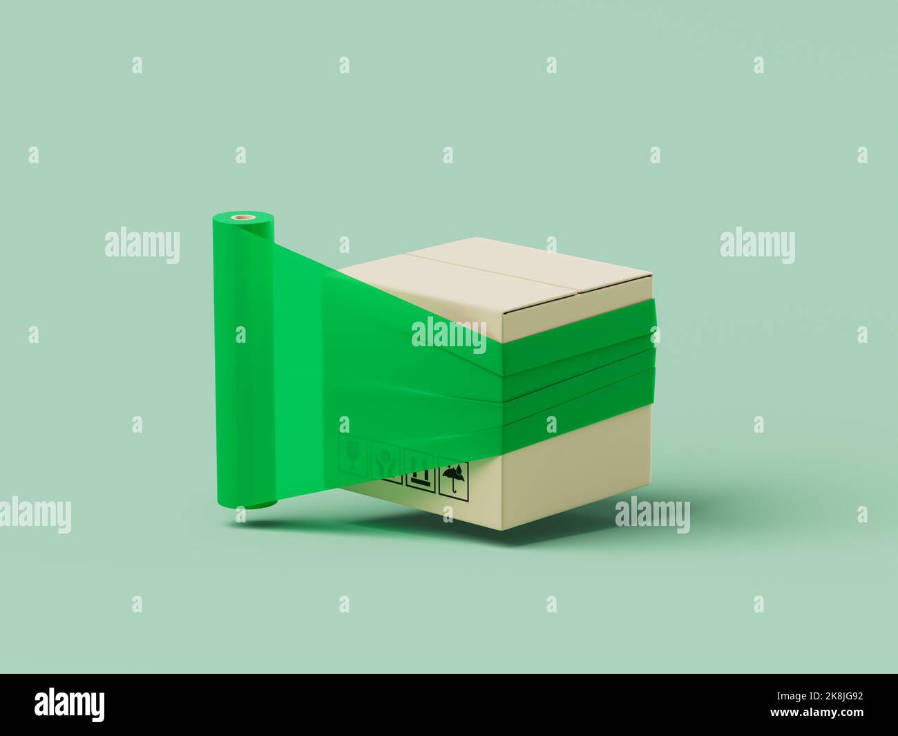 Simple cartoon delivery box packing with green adhesive tape 3d render ...