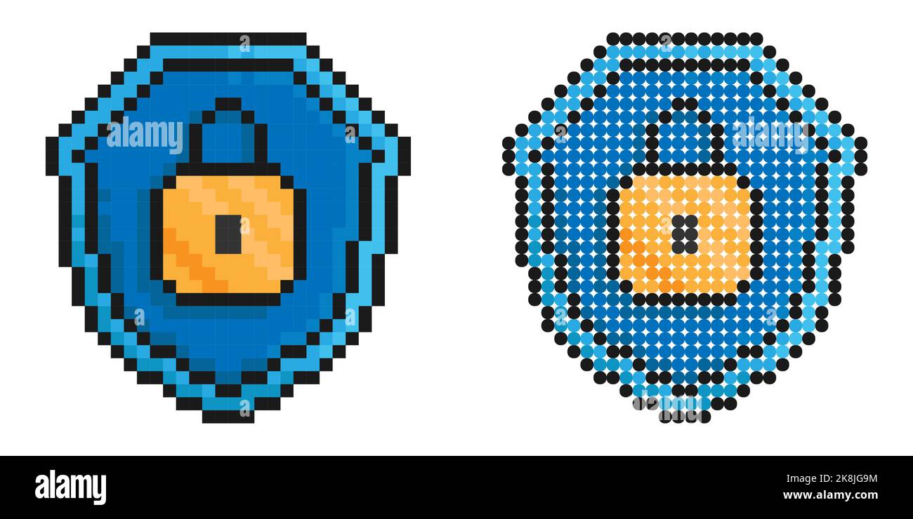 Pixel icon. Locked padlock on background of shield. Reliable secure ...