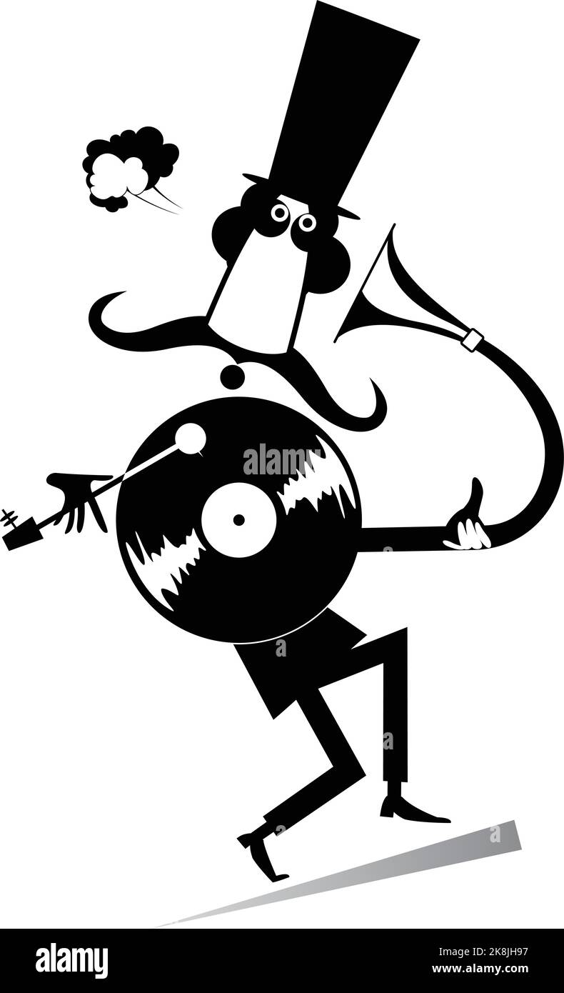 Funny mustached man in the top hat is listening music on the vintage ...