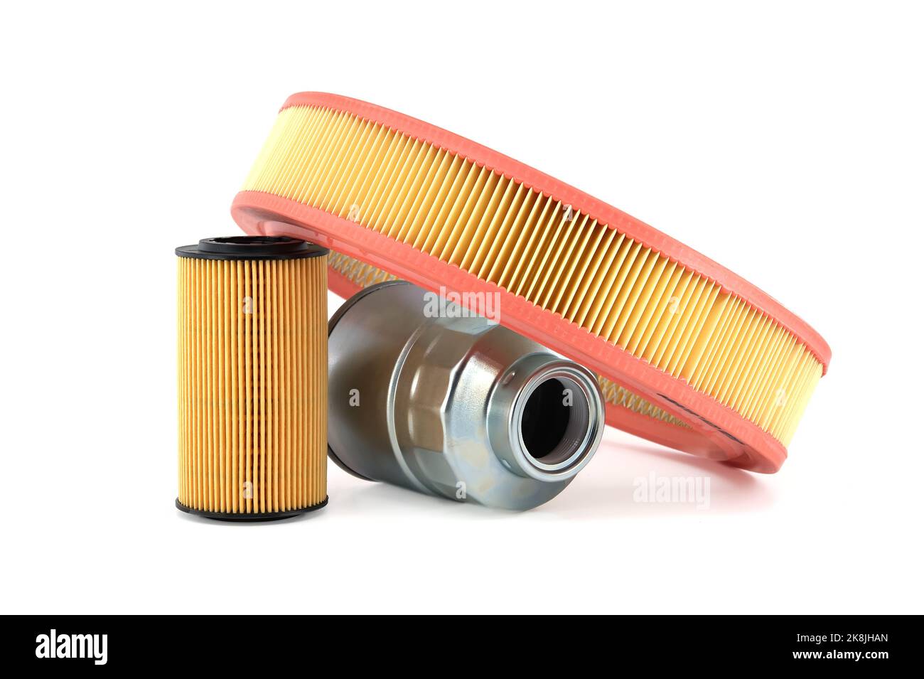 Motor oil, fuel and air filters isolated on a white background. Car ...