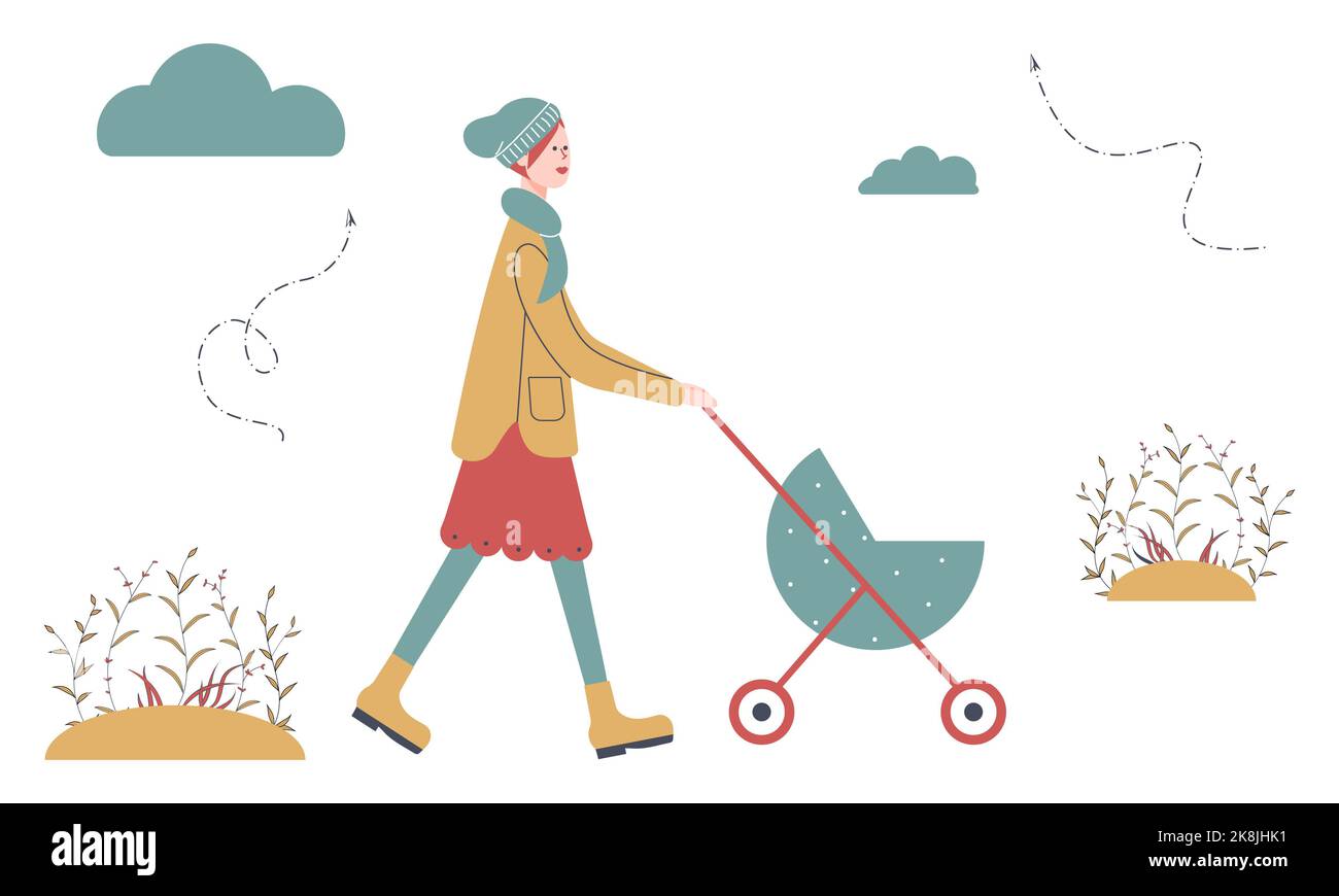 Happy mother on autumn walk with newborn in stroller. Woman pushing ...