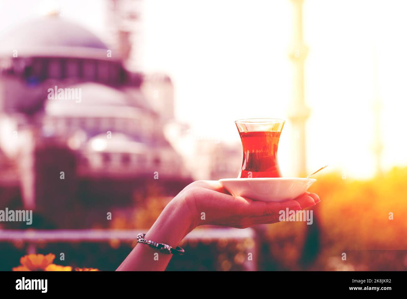 Traditional Turkish tea in a glass against the background Sultanahmet ...