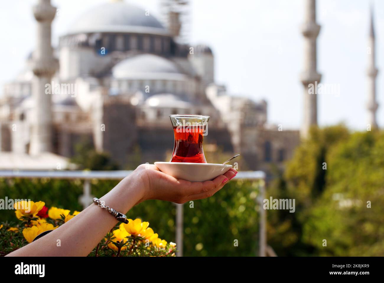 Traditional Turkish tea in a glass against the background Sultanahmet ...
