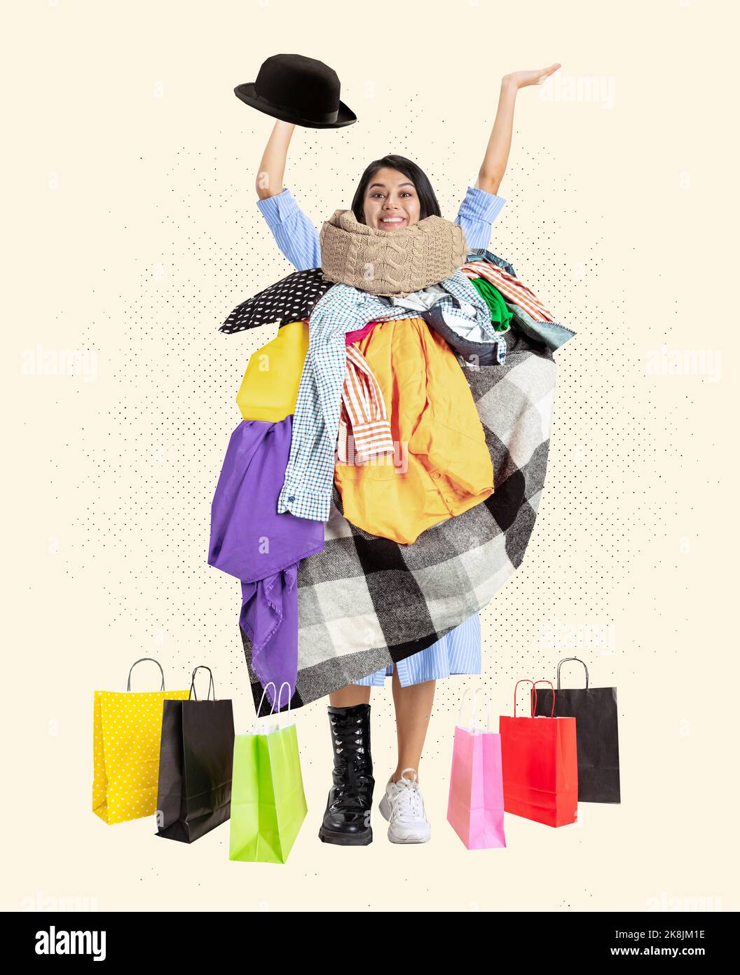 Creative art portrait of fashionable woman wearing a lot of diverse ...