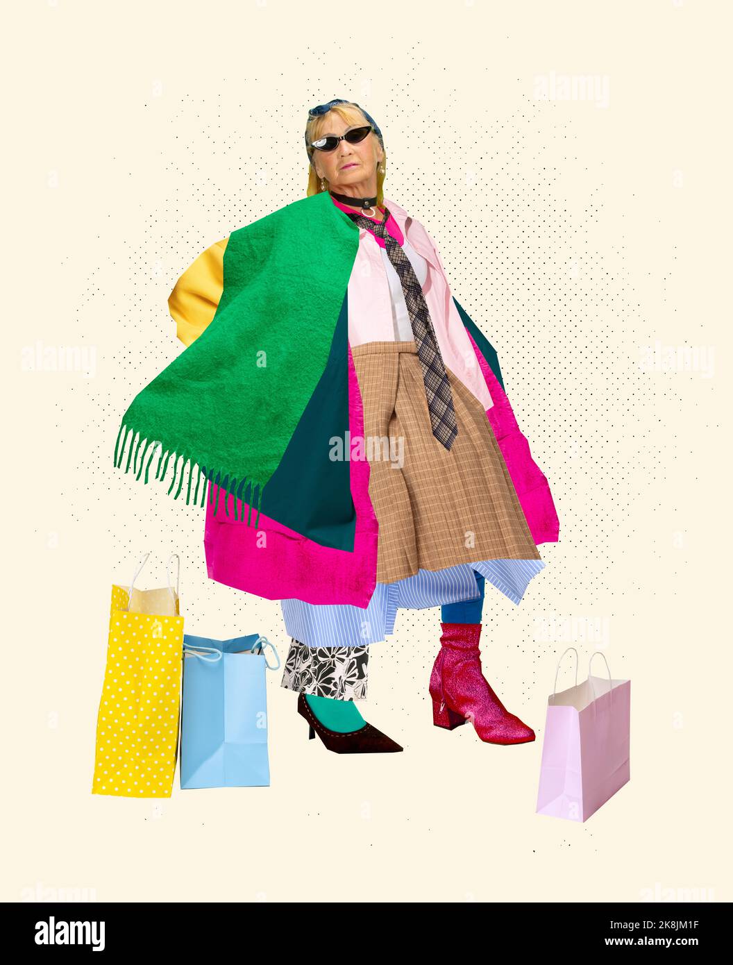 Fashionable middle age woman wearing a lot of diverse clothes over ...