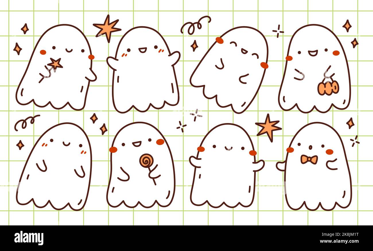 Set of cute and funny ghosts isolated on checkered background. Vector ...