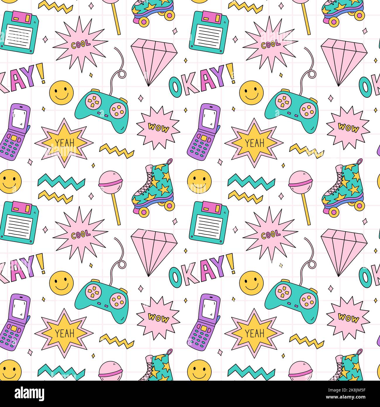 Bright seamless pattern with items from the nineties - floppy disk ...