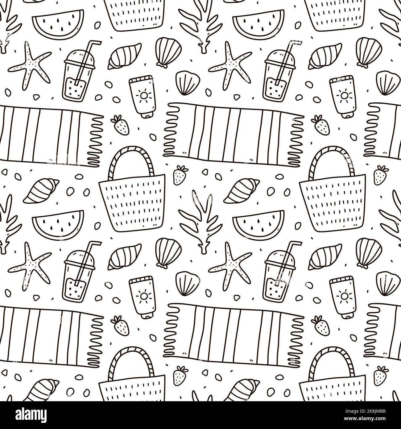 Cute seamless pattern with summer doodles - beach towel, sunscreen ...