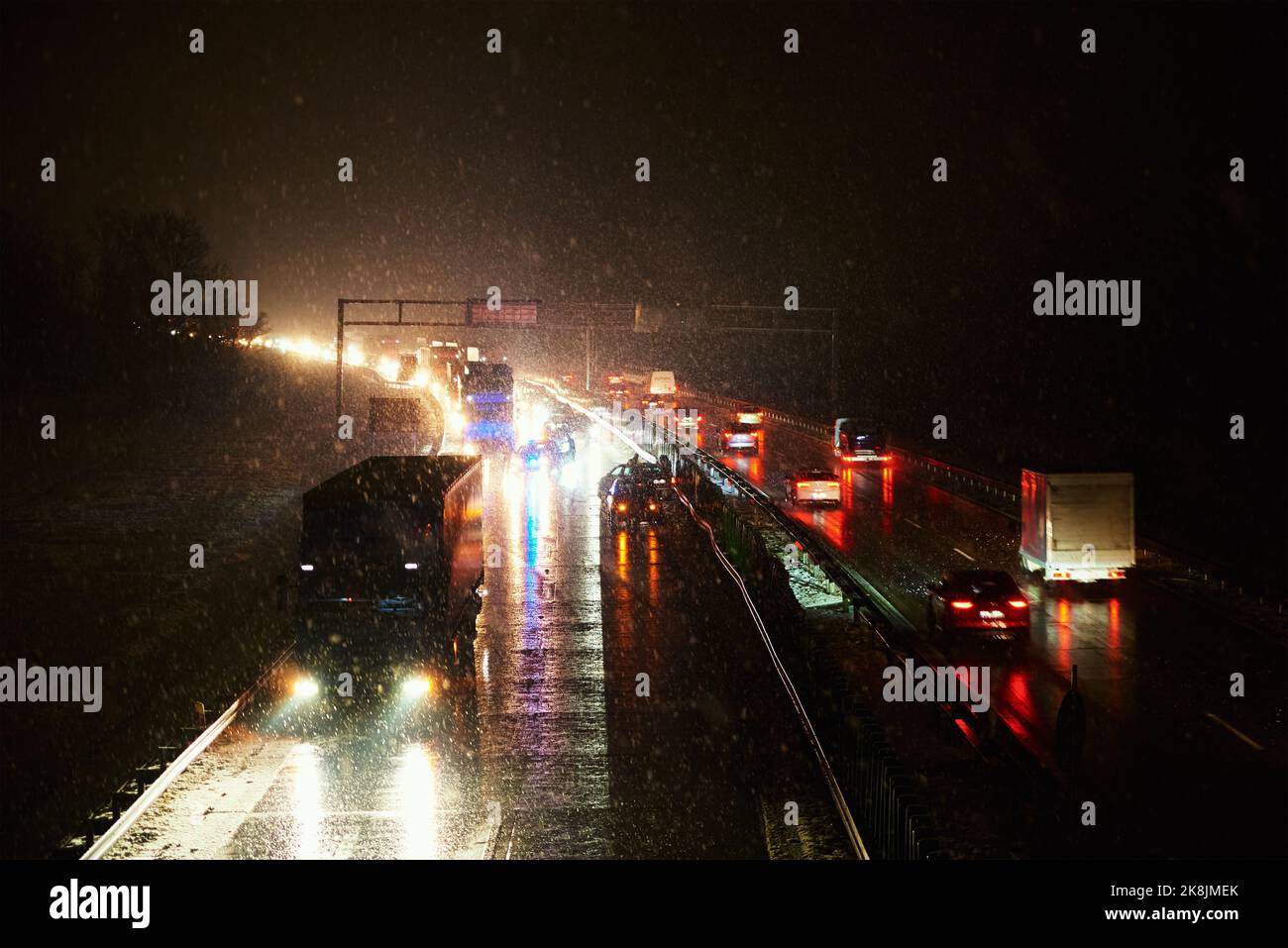 Car accident on slippery road at night during snowfall, Dangerous ...