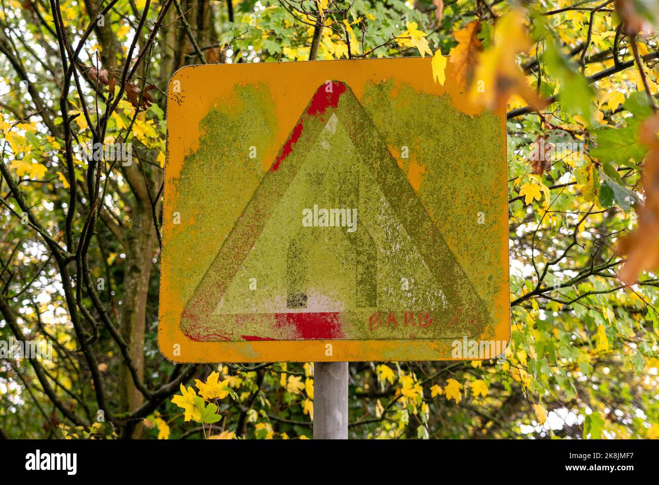 Rusted road narrows sign Stock Photo - Alamy