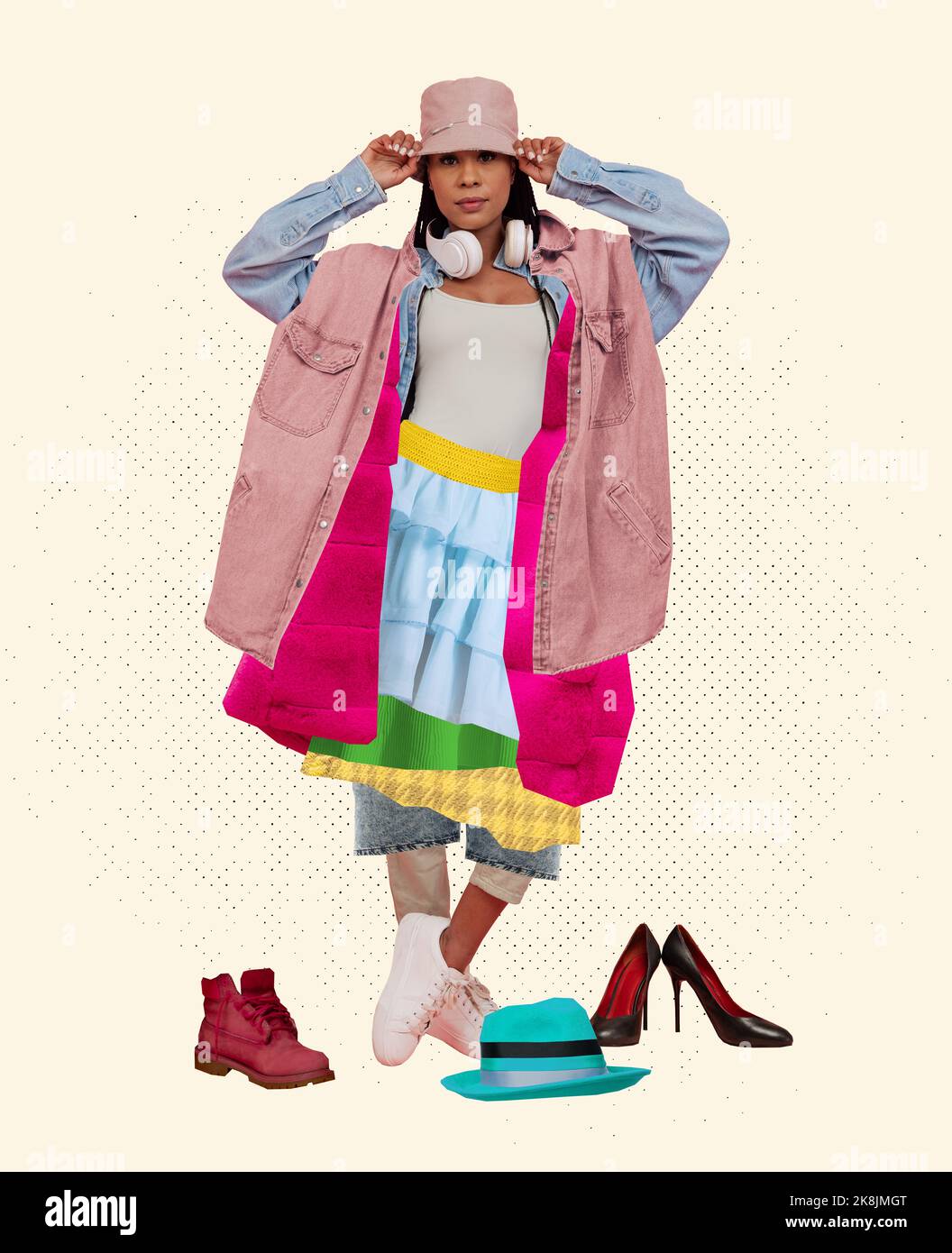 Happy young woman wearing pile of bright clothes and footwear isolated ...