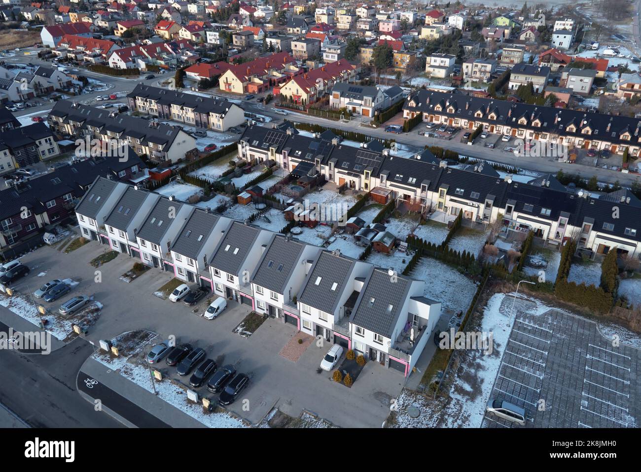 Winter season in Europe town, aerial view. Residential neighborhood ...
