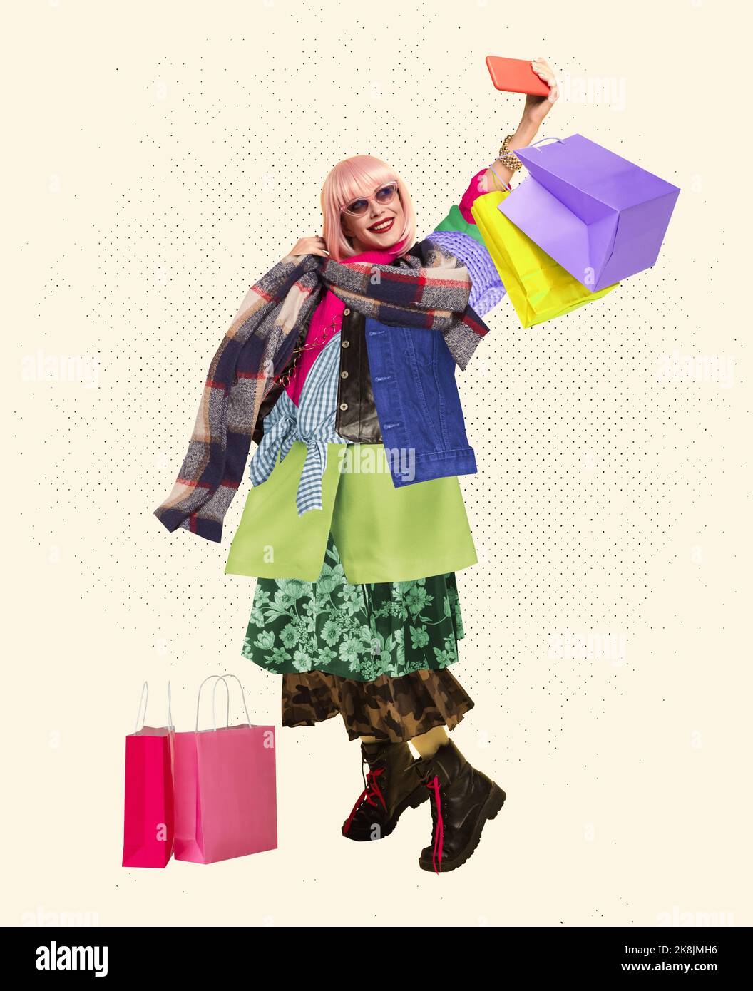 Creative art portrait of fashionable woman wearing a lot of diverse ...