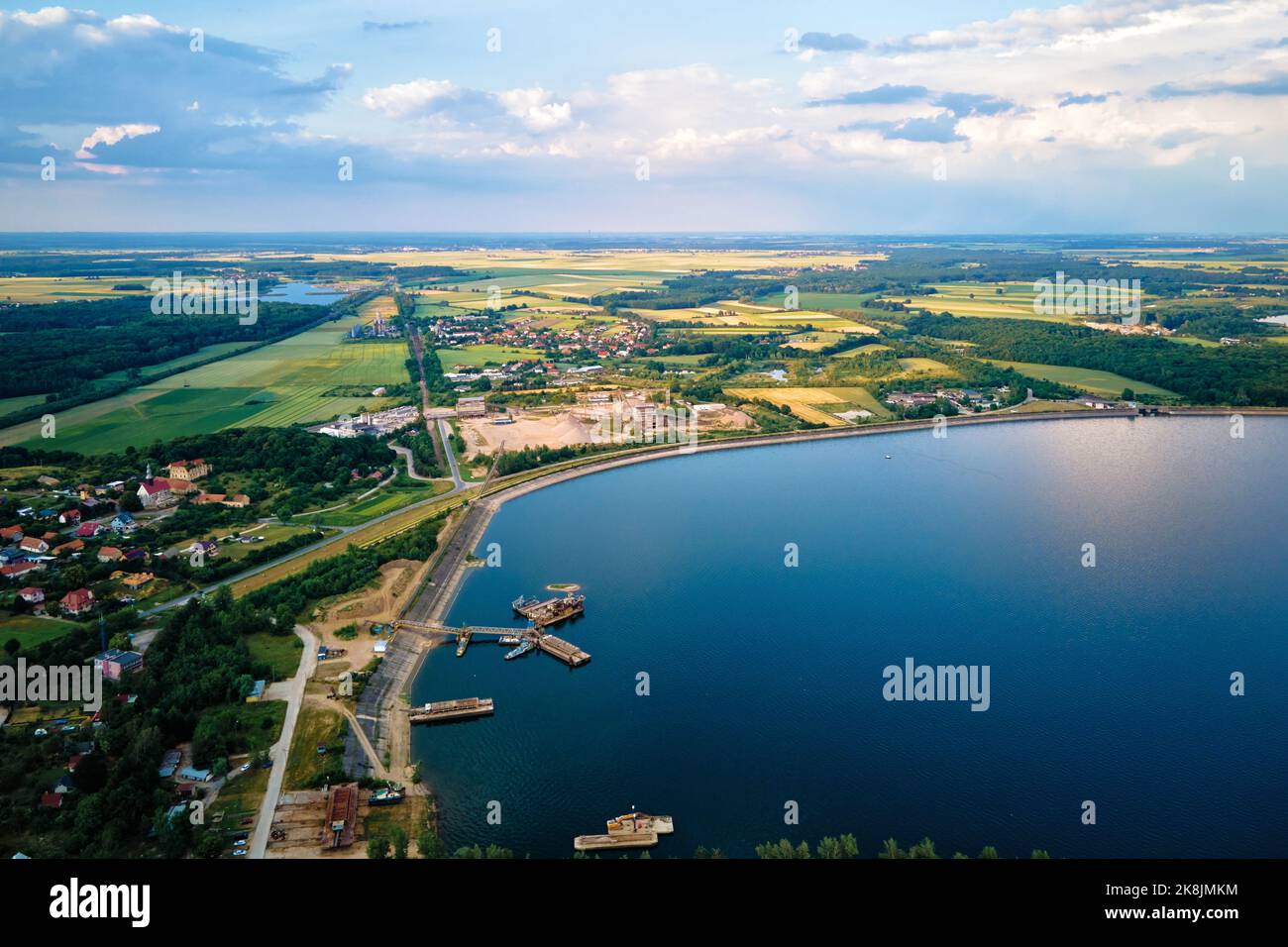 Aerial top view of beautiful landscape with large lake in countryside ...