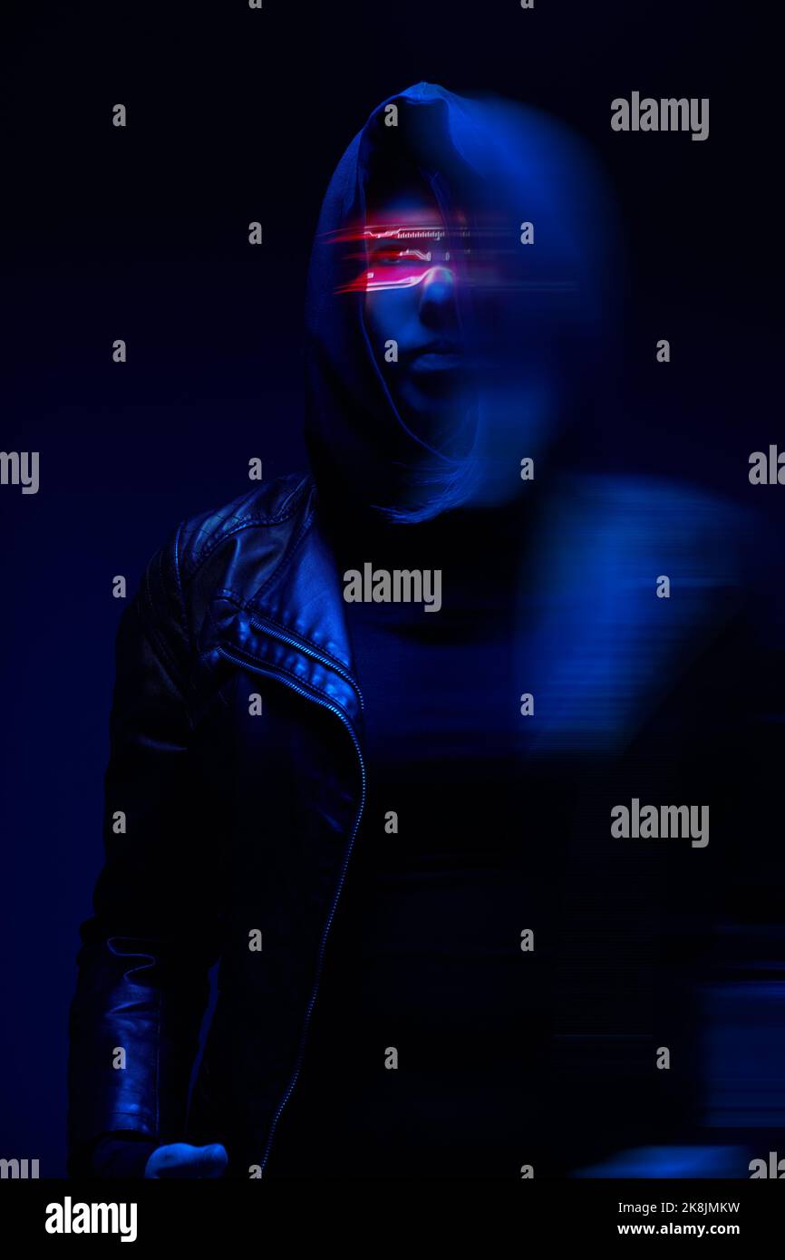 Woman is using augmented reality headset. Concept of virtual, augmented ...