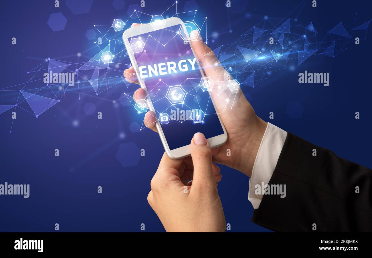 Hand using smartphone with technology concept Stock Photo - Alamy