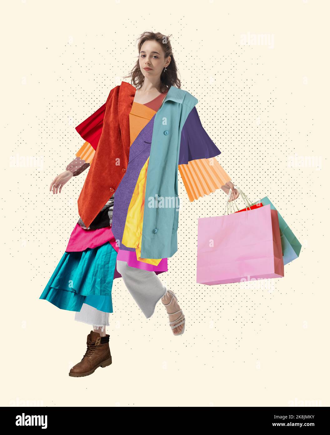 Creative art portrait of fashionable woman wearing a lot of diverse ...