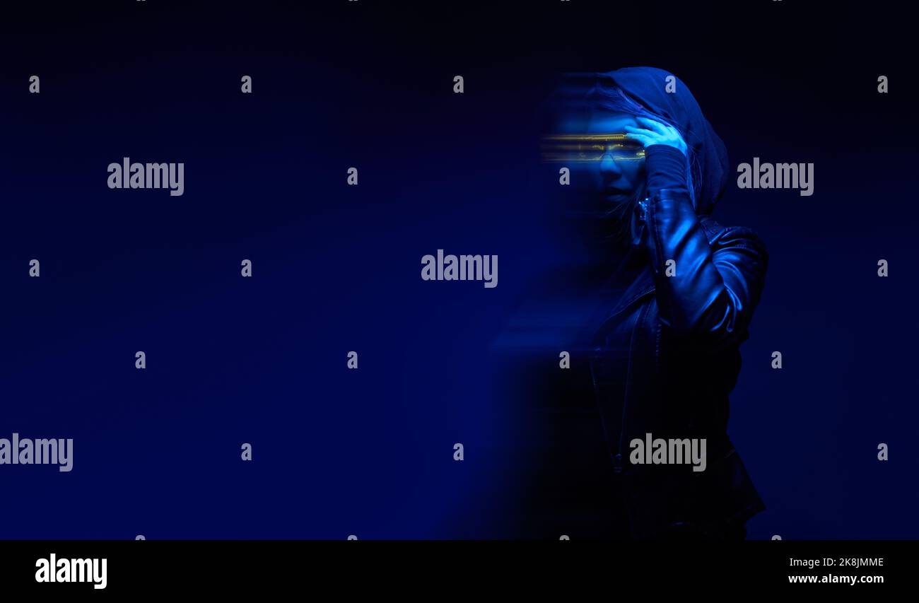 Woman is using augmented reality headset. Concept of virtual, augmented ...