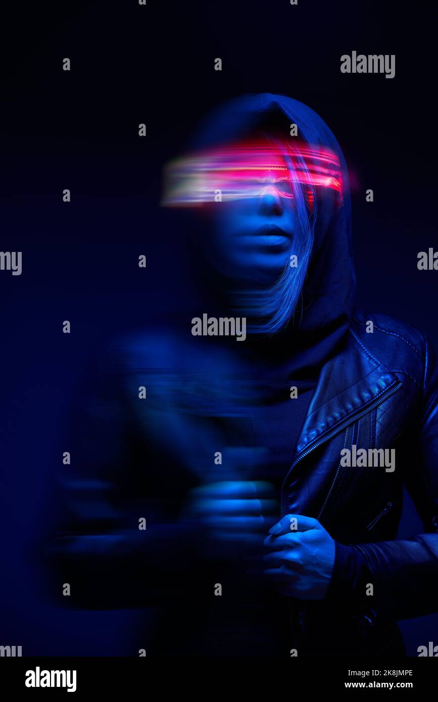 Woman is using augmented reality headset. Concept of virtual, augmented ...