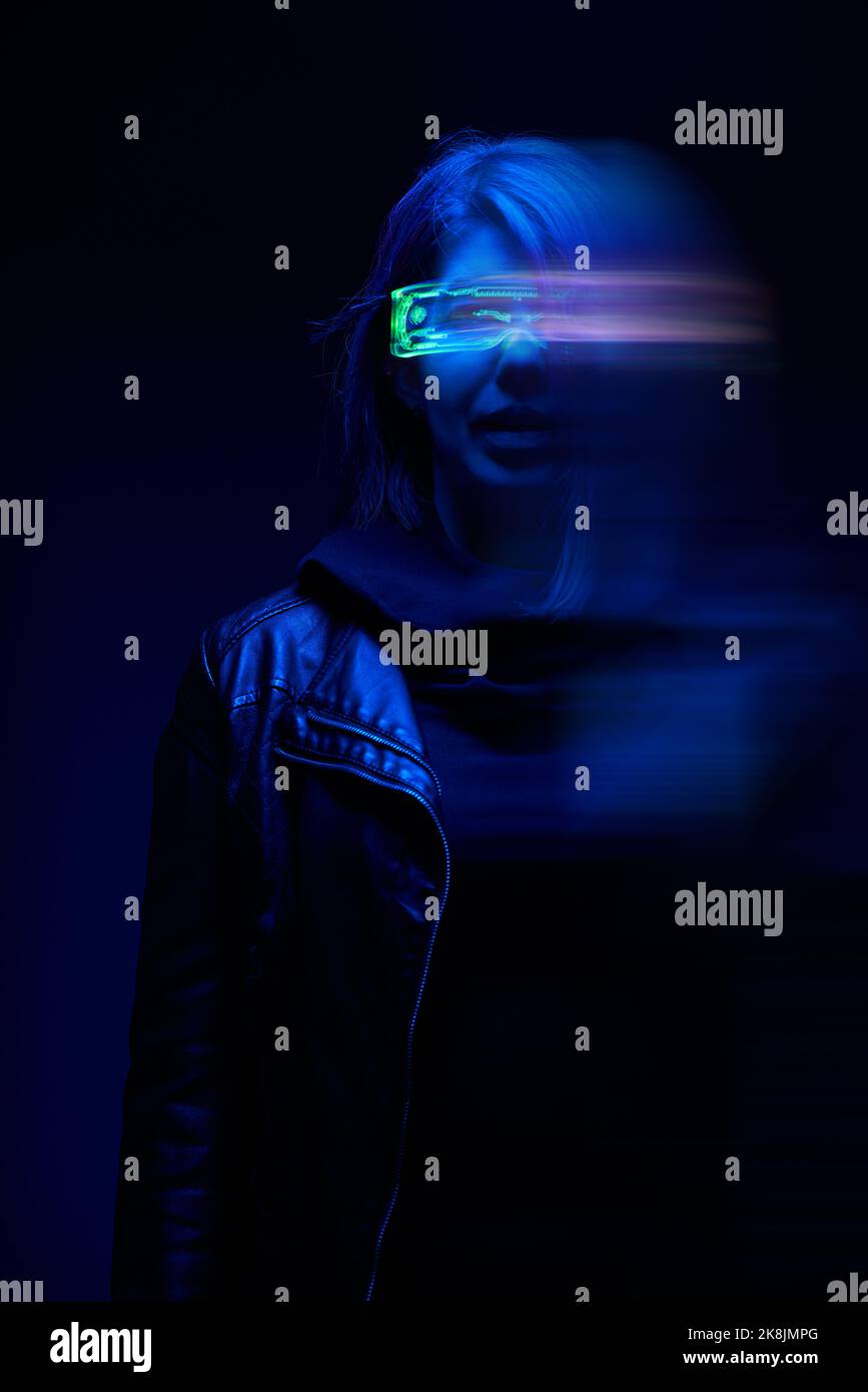 Woman is using augmented reality headset. Concept of virtual, augmented ...