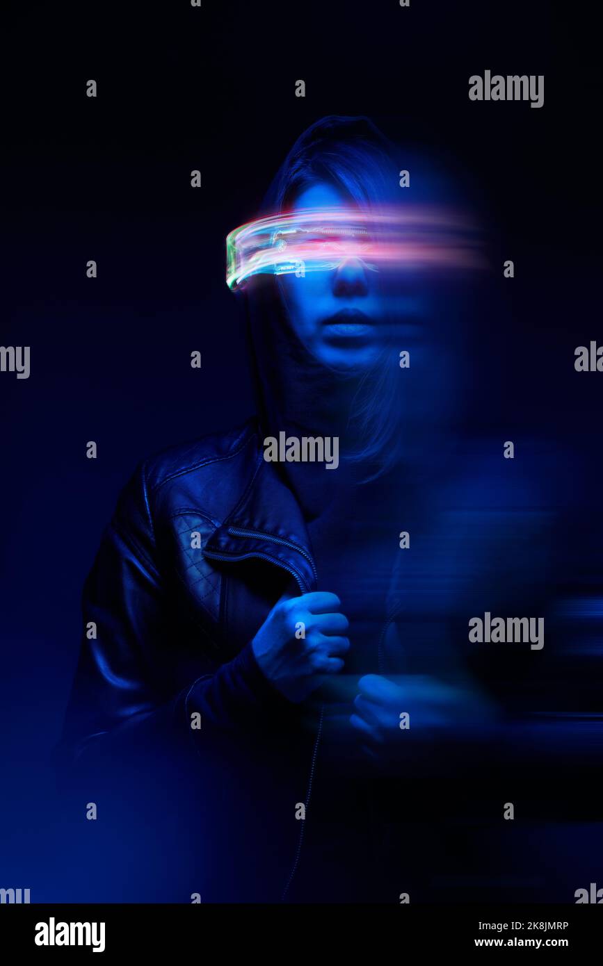 Woman is using augmented reality headset. Concept of virtual, augmented ...