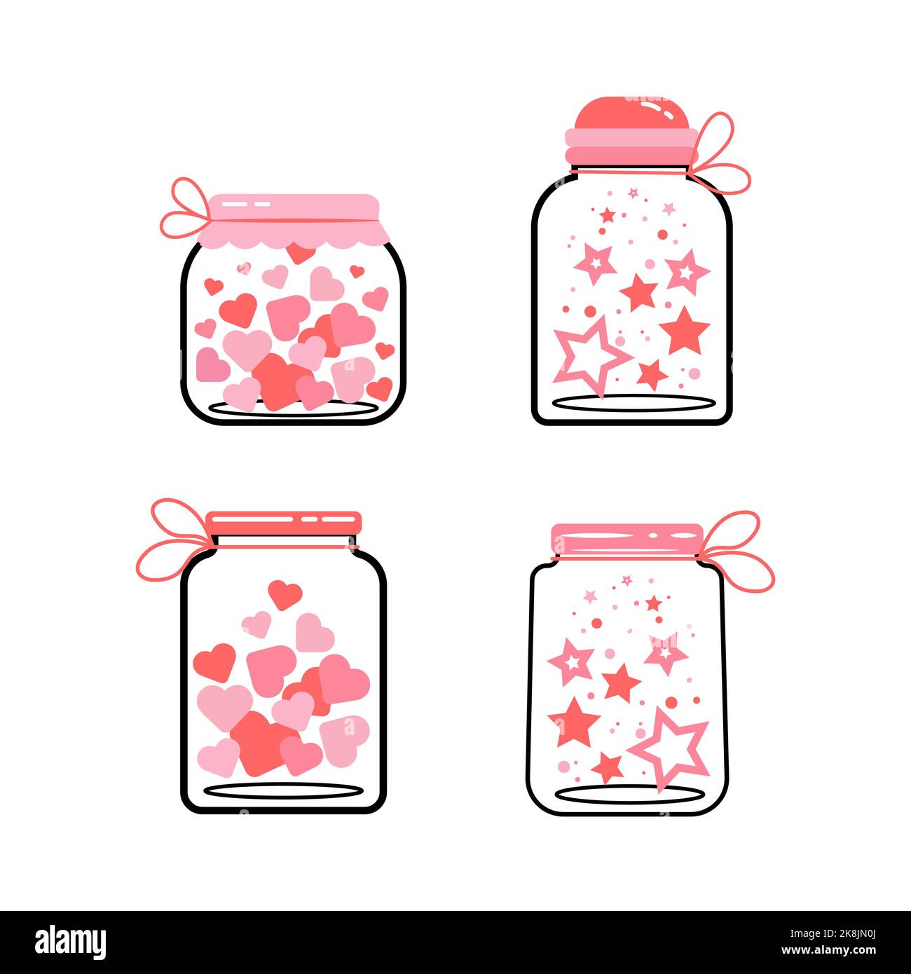 Set of cute jars with hearts and stars. Vector line icons for St ...