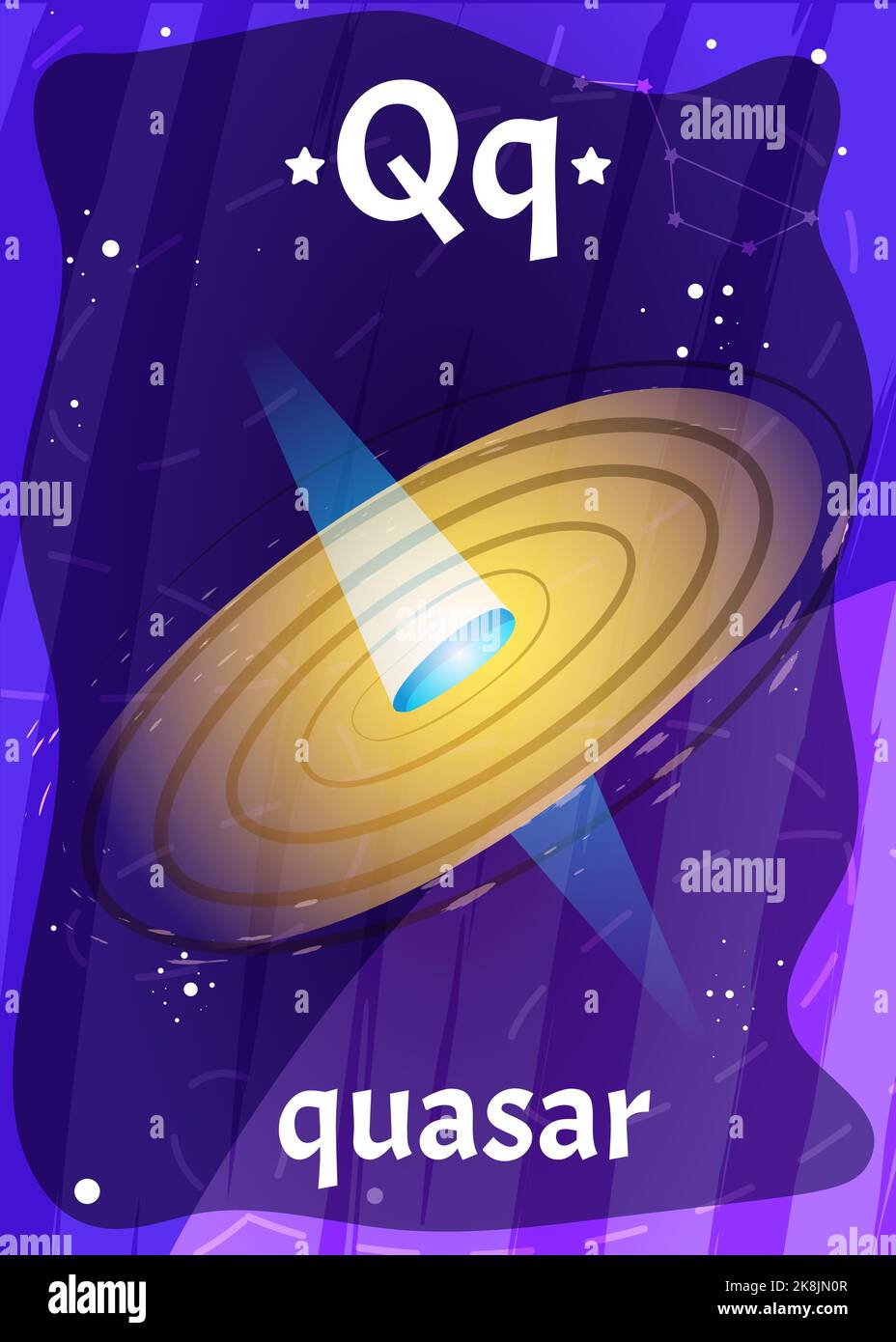 Printable space alphabet flashcard with letter Q. Cartoon quasar or ...