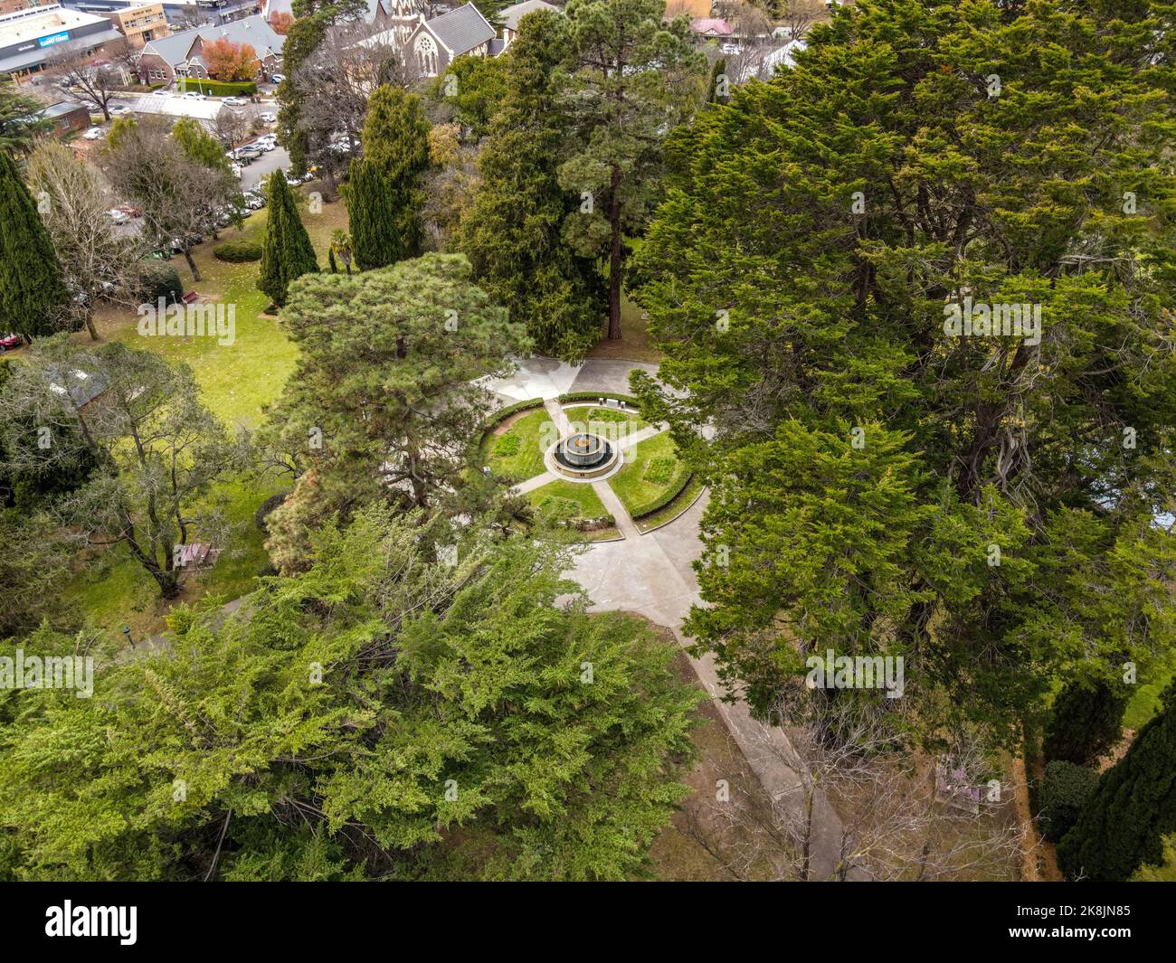 An aerial view of the town of Armidale with the War Memorial Fountain ...