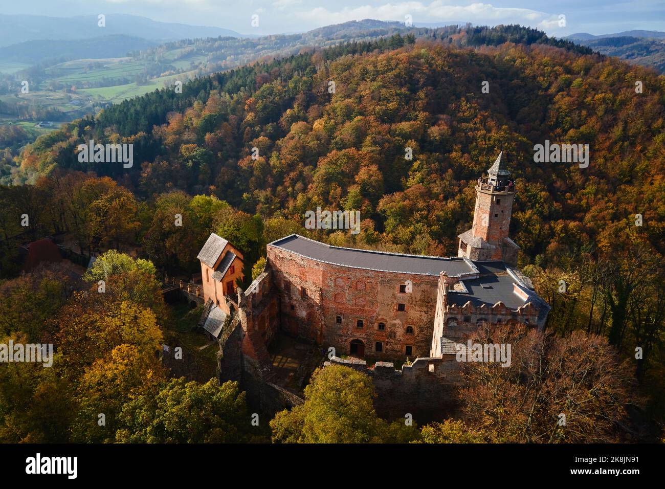 Aerial top view of Grodno castle in Zagorze with beautiful autumn ...
