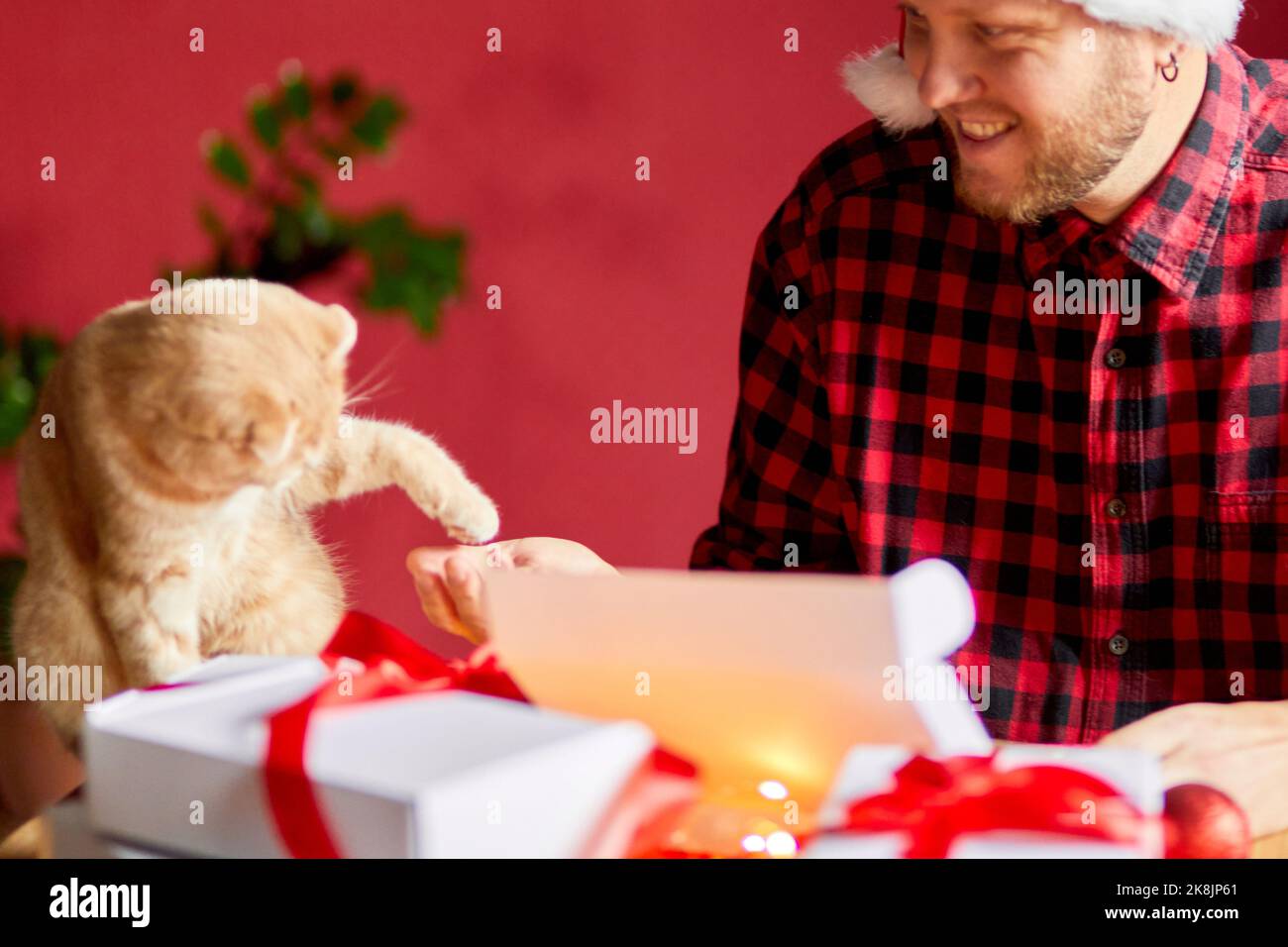 Vet Man in Santa hat and cat in hand making greeting card for New Year ...